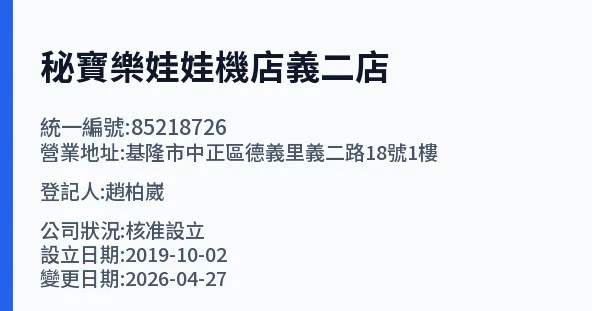 秘寶樂娃娃機店義二店的照片-統編 85218726(基隆市) 公司登記資料與營業項目詳細圖表