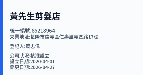 黃先生剪髮店的照片-統編 85218964(基隆市) 公司登記資料與營業項目詳細圖表