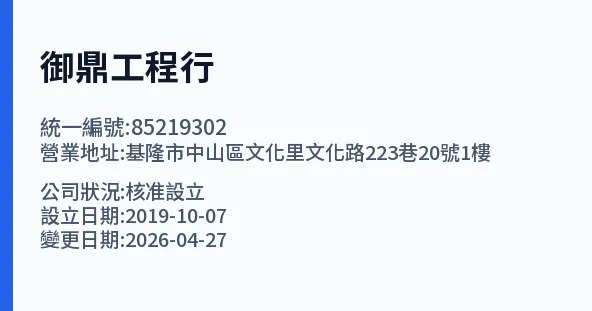 御鼎工程行的照片-統編 85219302(基隆市) 公司登記資料與營業項目詳細圖表