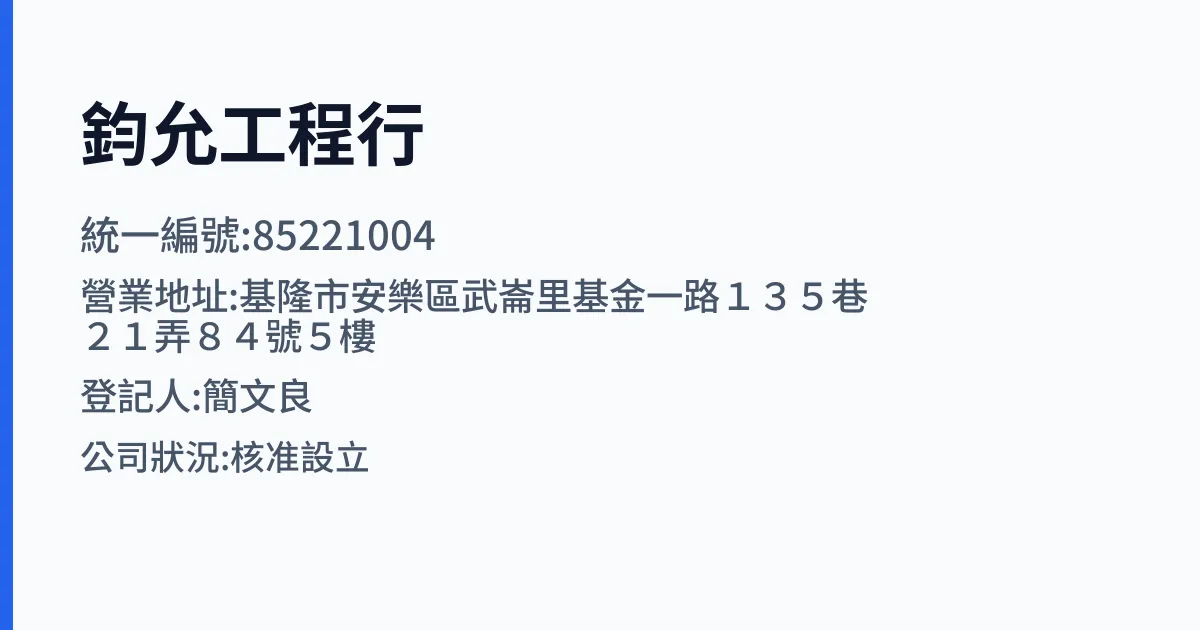 鈞允工程行 - 統編 85221004（基隆市） 公司登記資料與營業項目詳細圖表