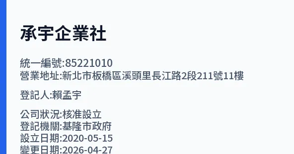 承宇企業社的照片-統編 85221010(新北市) 公司登記資料與營業項目詳細圖表