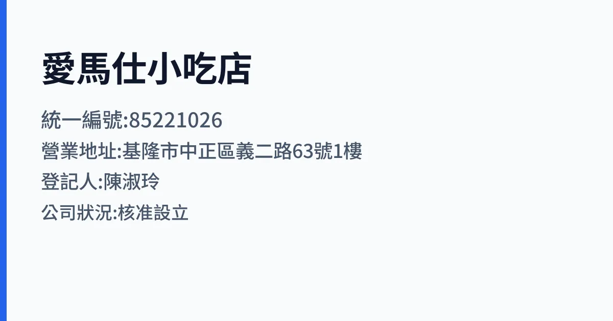 愛馬仕小吃店 - 統編 85221026(基隆市) 公司登記資料與營業項目詳細圖表