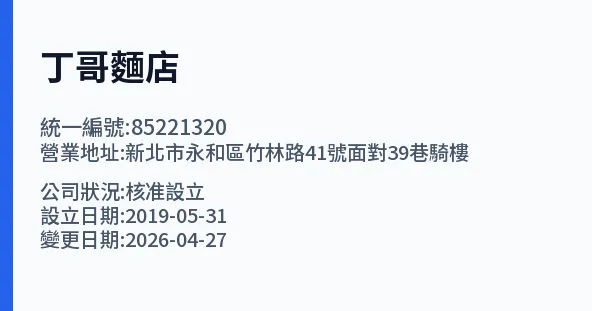 丁哥麵店的照片-統編 85221320(新北市) 公司登記資料與營業項目詳細圖表