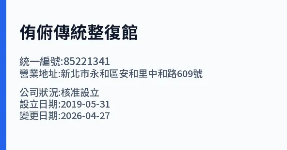 侑俯傳統整復館的照片-統編 85221341(新北市) 公司登記資料與營業項目詳細圖表