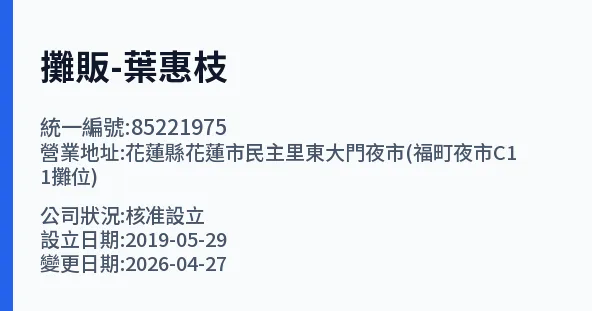攤販-葉惠枝的照片-統編 85221975(花蓮縣) 公司登記資料與營業項目詳細圖表