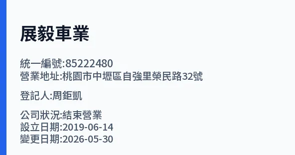 展毅車業的照片-統編 85222480(桃園市) 公司登記資料與營業項目詳細圖表