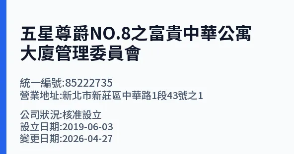 五星尊爵NO.8之富貴中華公寓大廈管理委員會的照片-統編 85222735(新北市) 公司登記資料與營業項目詳細圖表