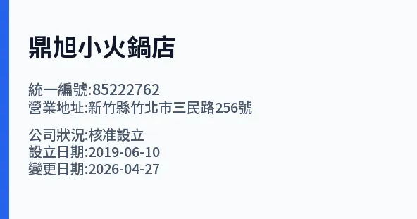 鼎旭小火鍋店的照片-統編 85222762(新竹縣) 公司登記資料與營業項目詳細圖表
