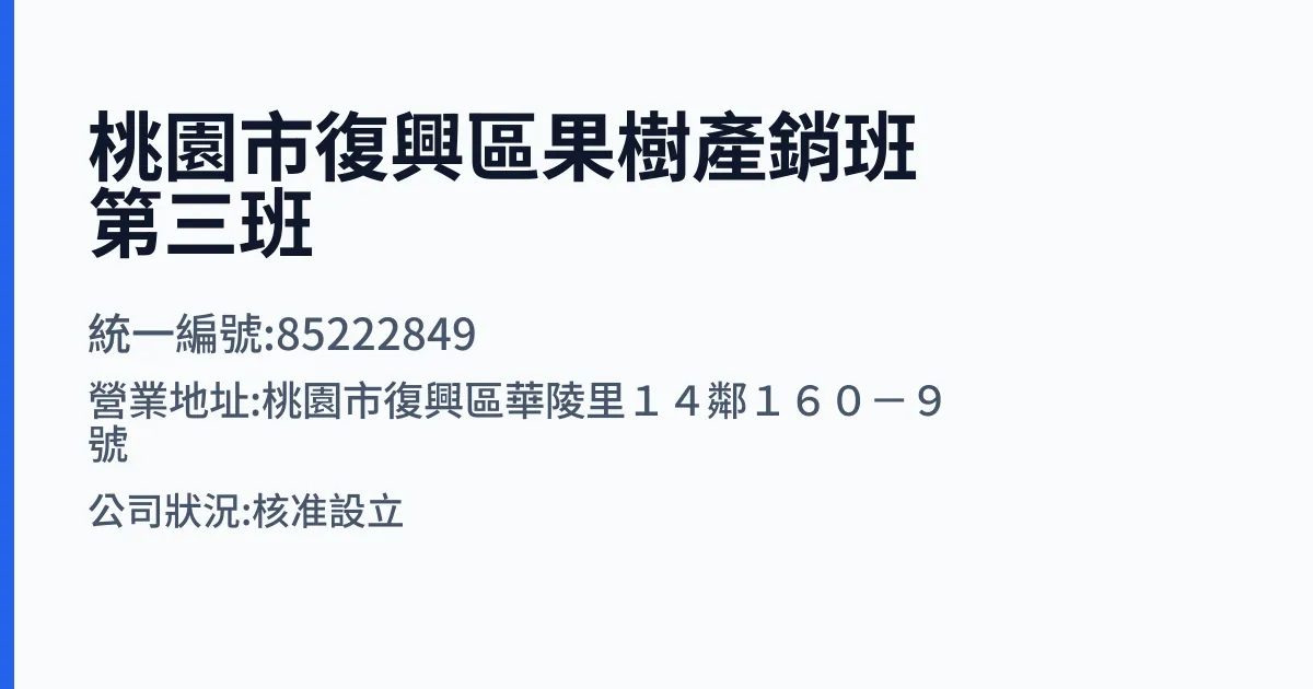 桃園市復興區果樹產銷班第三班 - 統編 85222849(桃園市) 公司登記資料與營業項目詳細圖表