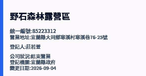 野石森林露營區的照片-統編 85223312(宜蘭縣) 公司登記資料與營業項目詳細圖表