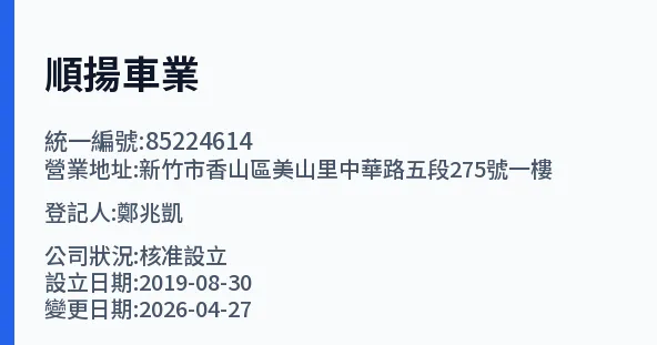 順揚車業的照片-統編 85224614(新竹市) 公司登記資料與營業項目詳細圖表