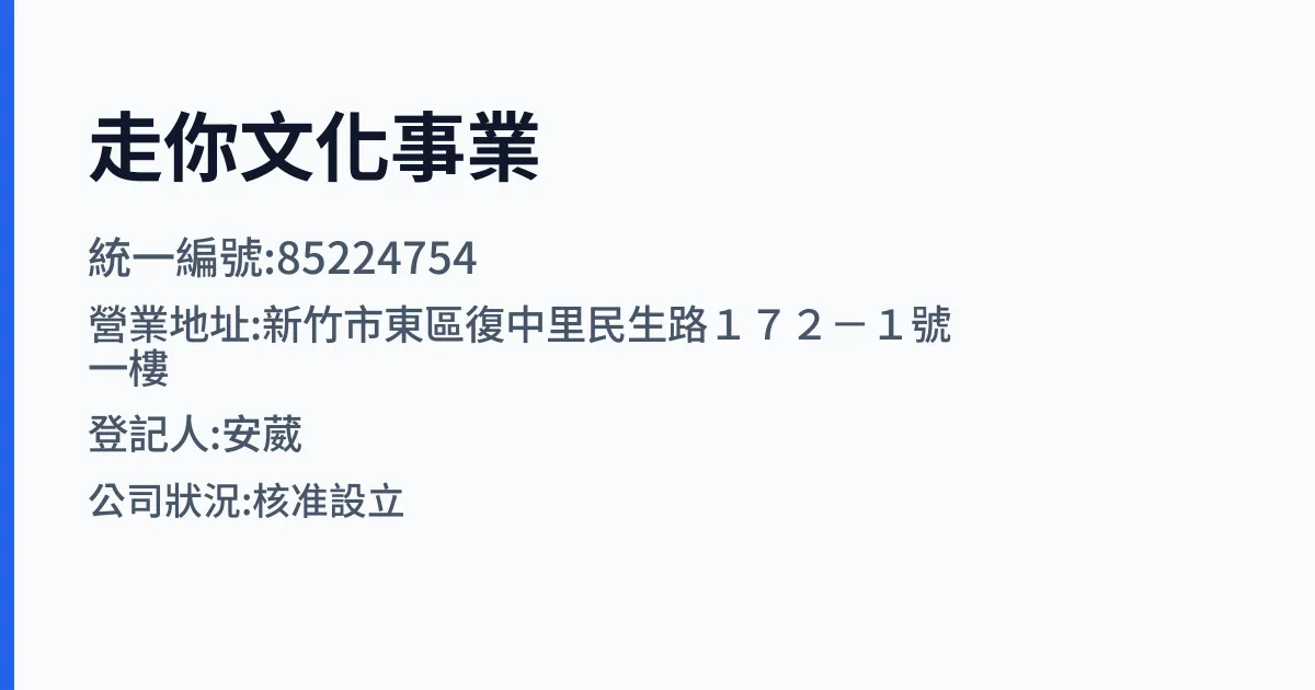 走你文化事業 - 統編 85224754(新竹市) 公司登記資料與營業項目詳細圖表