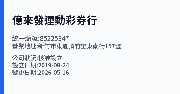 億來發運動彩券行的照片-統編 85225347(新竹市) 公司登記資料與營業項目詳細圖表