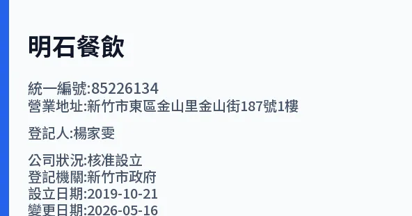 明石餐飲的照片-統編 85226134(新竹市) 公司登記資料與營業項目詳細圖表