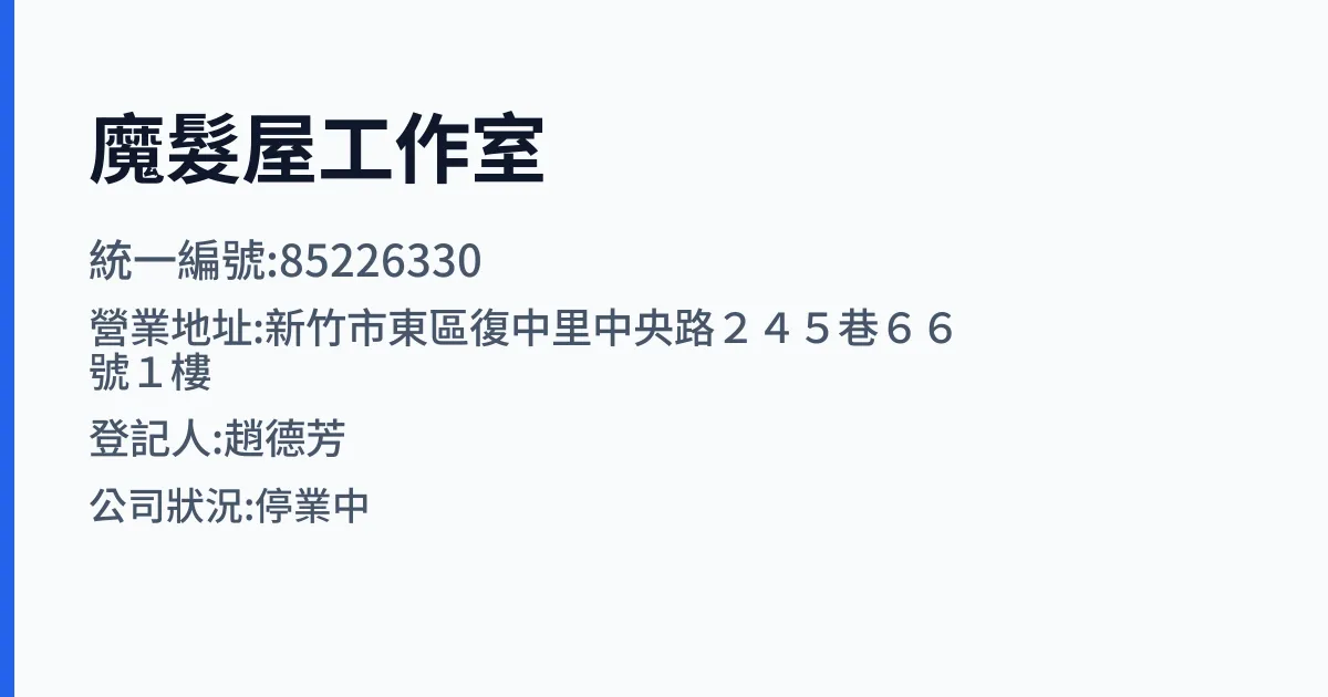 魔髮屋工作室 - 統編 85226330(新竹市) 公司登記資料與營業項目詳細圖表