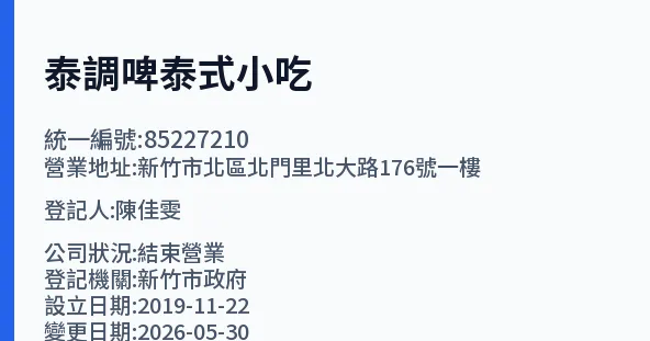 泰調啤泰式小吃的照片-統編 85227210(新竹市) 公司登記資料與營業項目詳細圖表