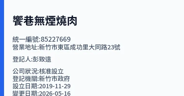 饗巷無煙燒肉的照片-統編 85227669(新竹市) 公司登記資料與營業項目詳細圖表