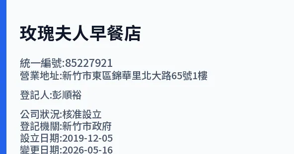 玫瑰夫人早餐店的照片-統編 85227921(新竹市) 公司登記資料與營業項目詳細圖表