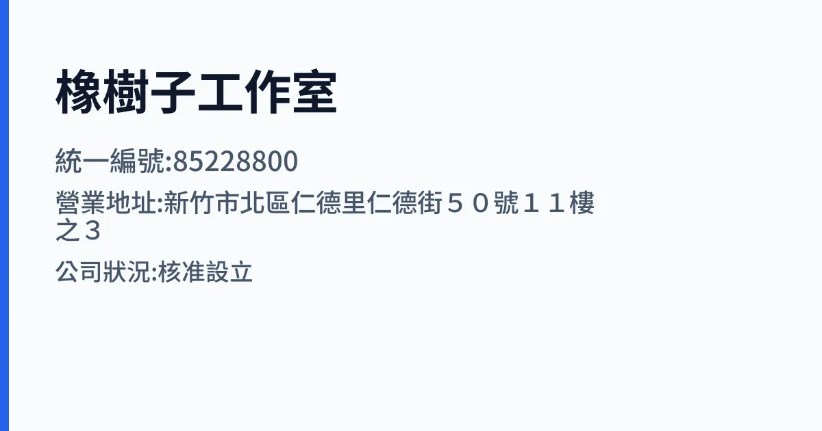 橡樹子工作室 - 統編 85228800(新竹市) 公司登記資料與營業項目詳細圖表