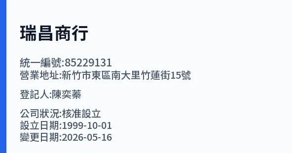 瑞昌商行的照片-統編 85229131(新竹市) 公司登記資料與營業項目詳細圖表
