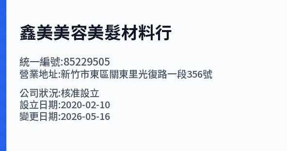 鑫美美容美髮材料行的照片-統編 85229505(新竹市) 公司登記資料與營業項目詳細圖表