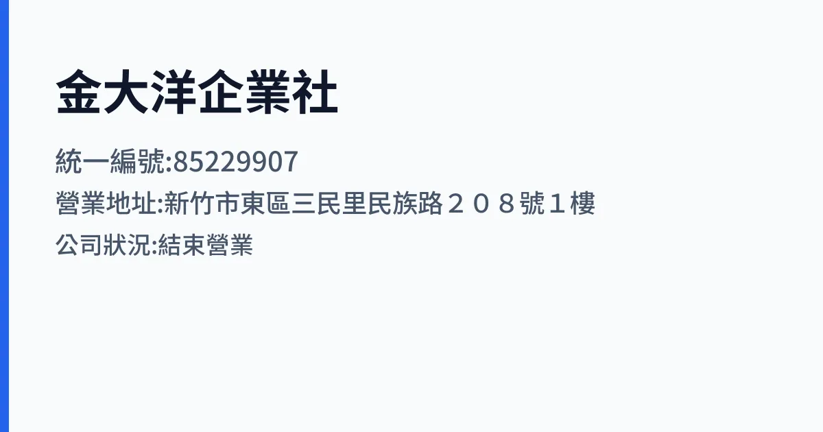 金大洋企業社 - 統編 85229907(新竹市) 公司登記資料與營業項目詳細圖表