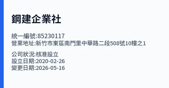 鋼建企業社的照片-統編 85230117(新竹市) 公司登記資料與營業項目詳細圖表