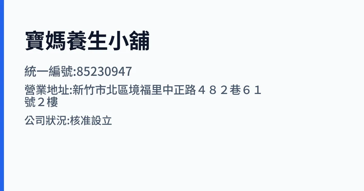 寶媽養生小舖 - 統編 85230947(新竹市) 公司登記資料與營業項目詳細圖表