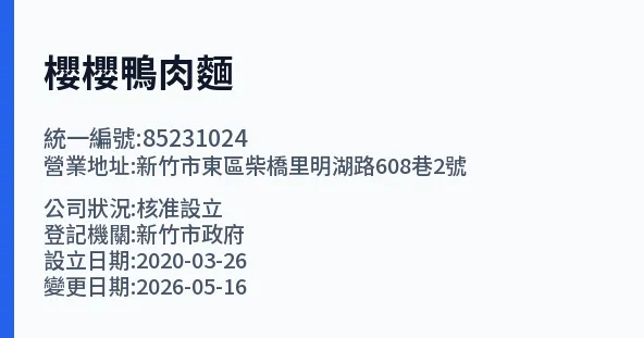 櫻櫻鴨肉麵的照片-統編 85231024(新竹市) 公司登記資料與營業項目詳細圖表