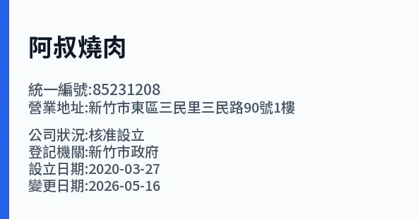 阿叔燒肉的照片-統編 85231208(新竹市) 公司登記資料與營業項目詳細圖表