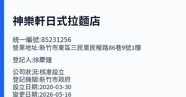 神樂軒日式拉麵店的照片-統編 85231256(新竹市) 公司登記資料與營業項目詳細圖表