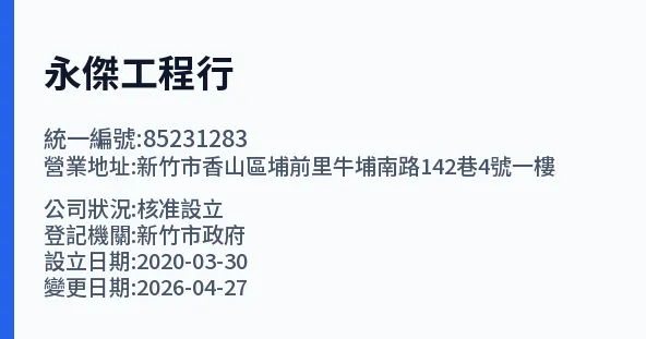 永傑工程行的照片-統編 85231283(新竹市) 公司登記資料與營業項目詳細圖表