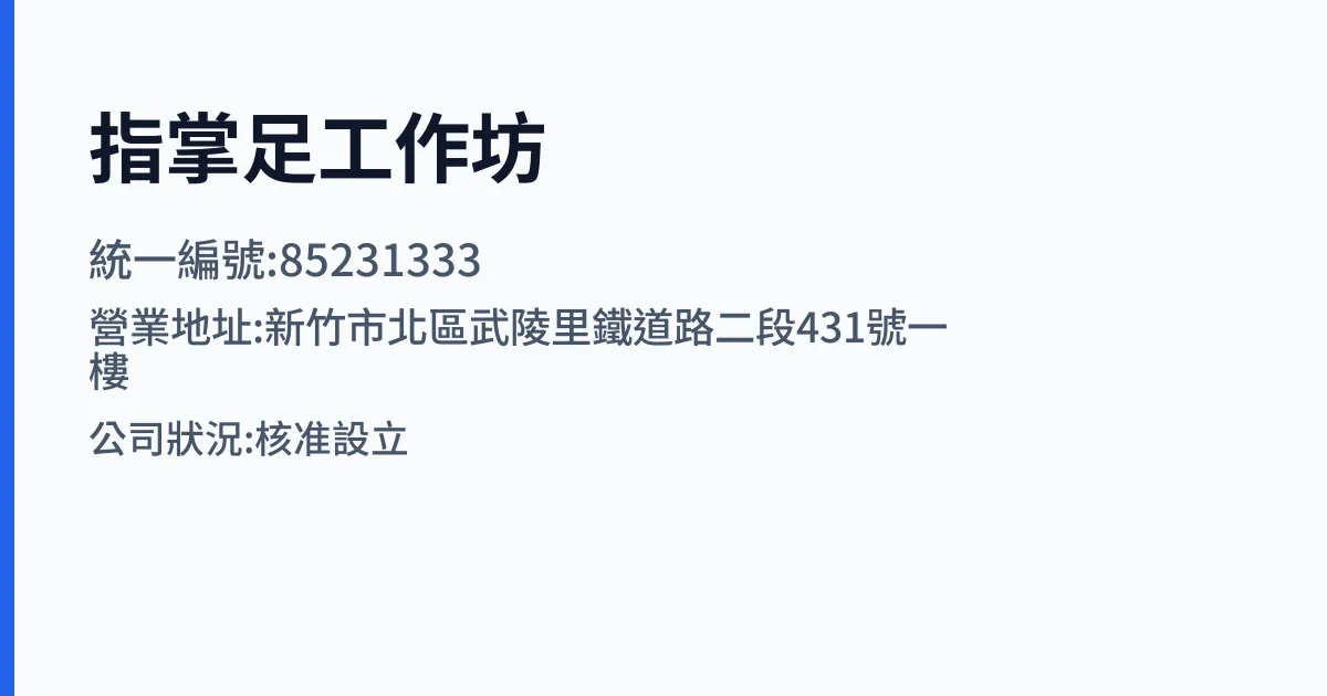 指掌足工作坊 - 統編 85231333(新竹市) 公司登記資料與營業項目詳細圖表