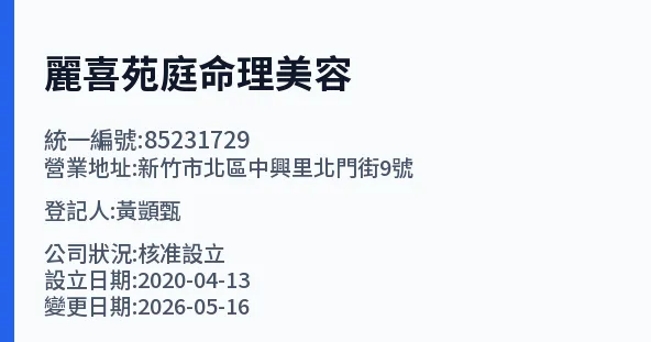 麗喜苑庭命理美容的照片-統編 85231729(新竹市) 公司登記資料與營業項目詳細圖表