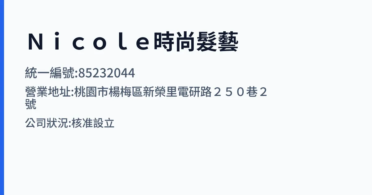 Ｎｉｃｏｌｅ時尚髮藝 - 統編 85232044(桃園市) 公司登記資料與營業項目詳細圖表