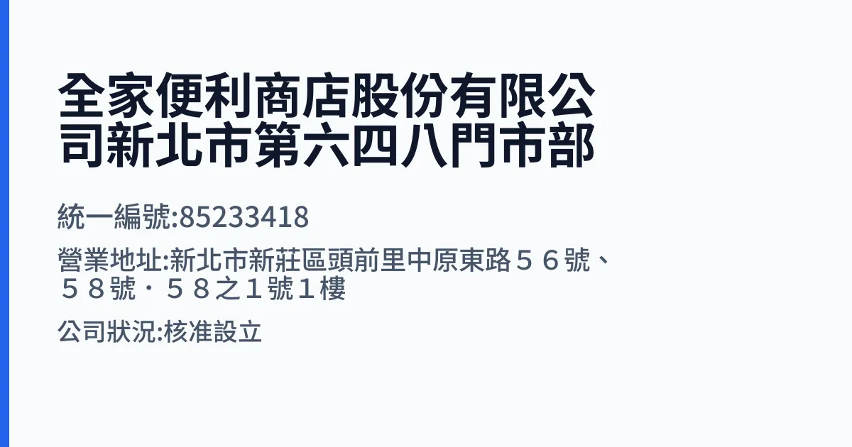 全家便利商店股份有限公司新北市第六四八門市部 - 統編 85233418(新北市) 公司登記資料與營業項目詳細圖表
