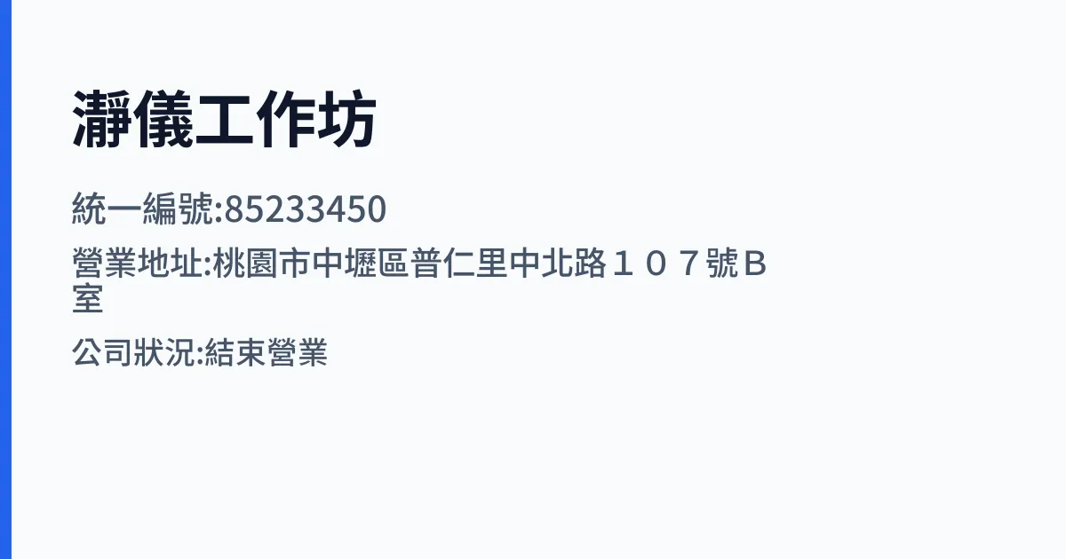 瀞儀工作坊 - 統編 85233450(桃園市) 公司登記資料與營業項目詳細圖表