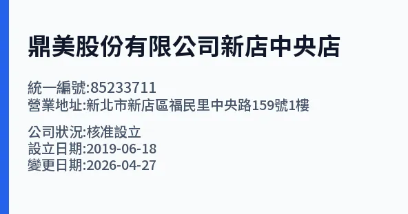 鼎美股份有限公司新店中央店的照片-統編 85233711(新北市) 公司登記資料與營業項目詳細圖表