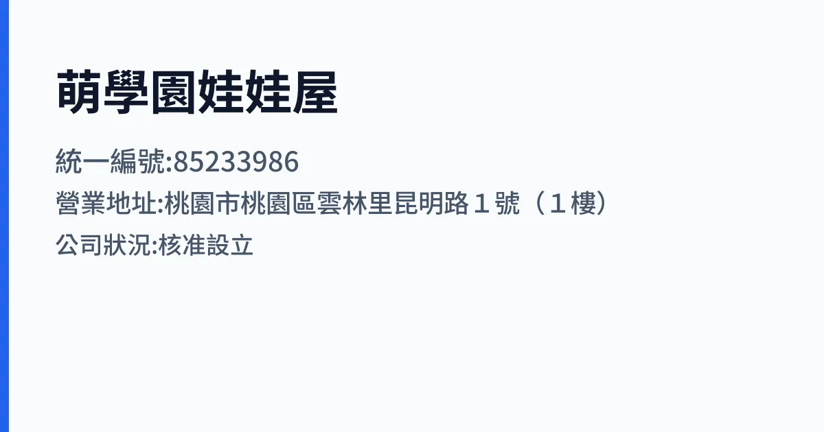 萌學園娃娃屋 - 統編 85233986（桃園市） 公司登記資料與營業項目詳細圖表