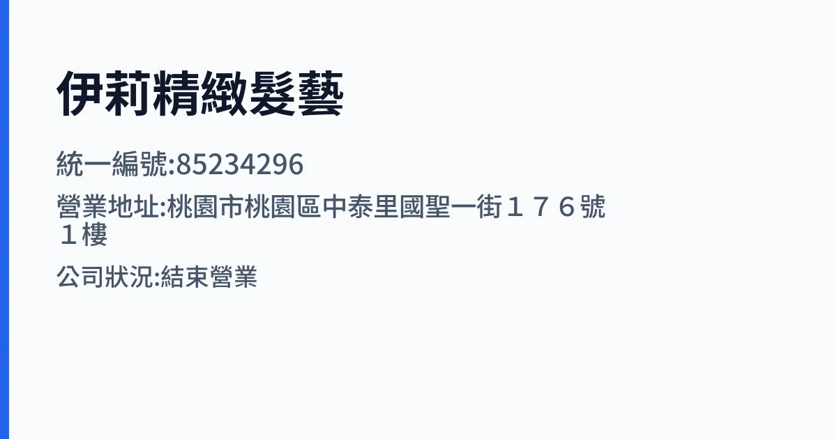 伊莉精緻髮藝 - 統編 85234296(桃園市) 公司登記資料與營業項目詳細圖表
