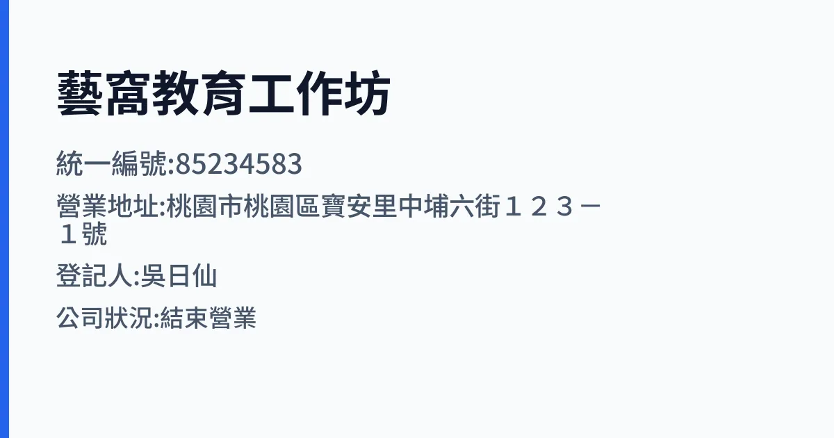 藝窩教育工作坊 - 統編 85234583(桃園市) 公司登記資料與營業項目詳細圖表