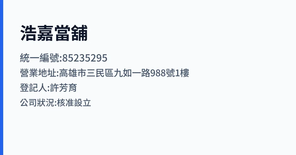 浩嘉當舖 - 統編 85235295(高雄市) 公司登記資料與營業項目詳細圖表