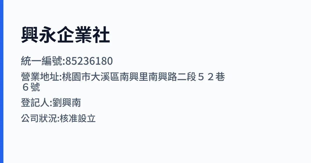 興永企業社 - 統編 85236180(桃園市) 公司登記資料與營業項目詳細圖表