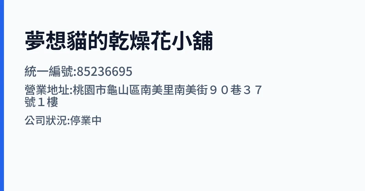 夢想貓的乾燥花小舖 - 統編 85236695(桃園市) 公司登記資料與營業項目詳細圖表