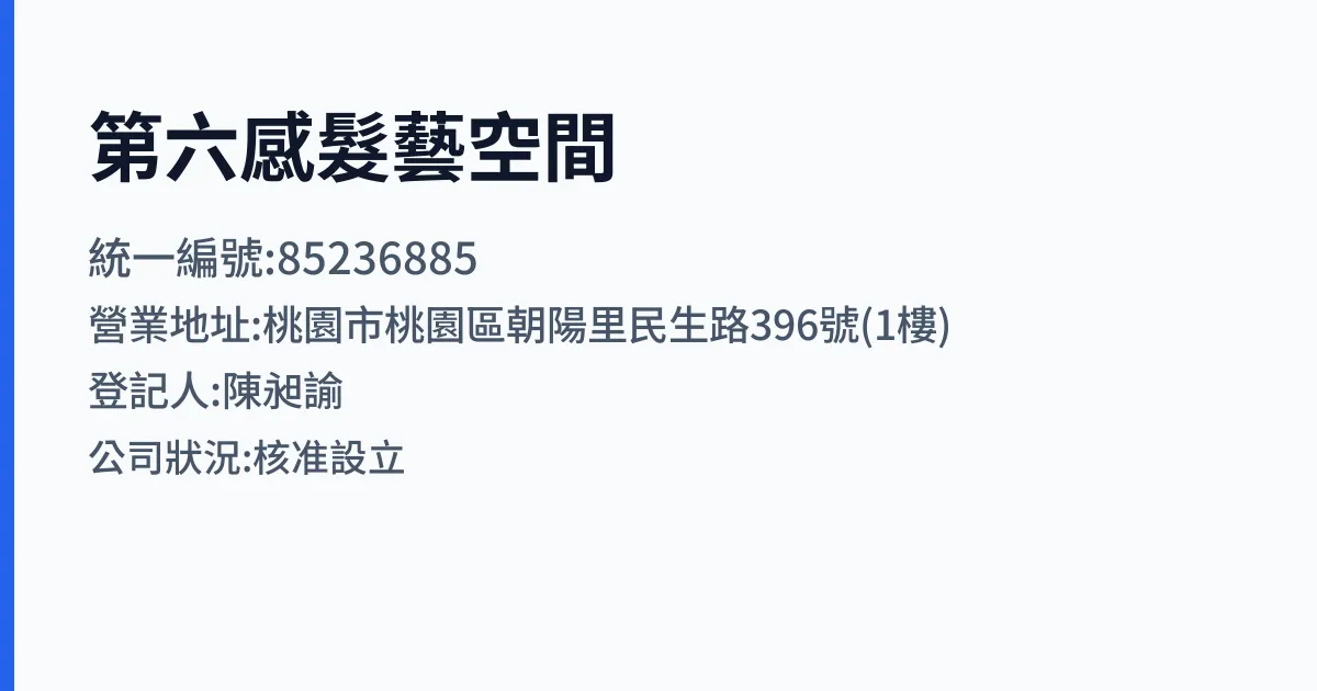 第六感髮藝空間 - 統編 85236885（桃園市） 公司登記資料與營業項目詳細圖表
