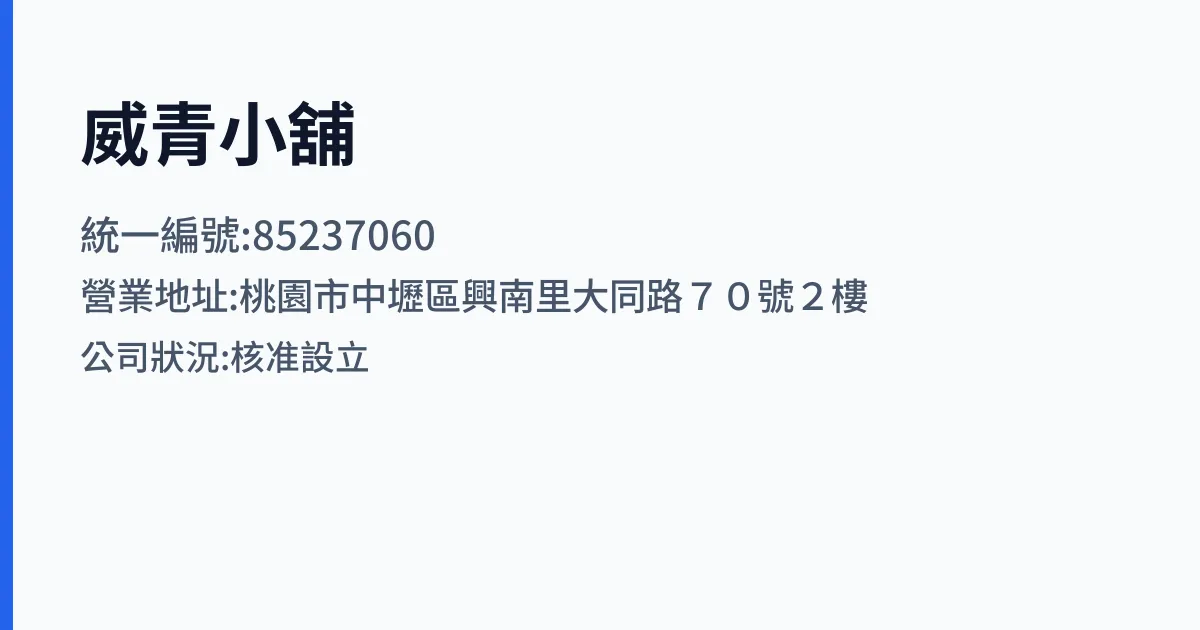 威青小舖 - 統編 85237060(桃園市) 公司登記資料與營業項目詳細圖表