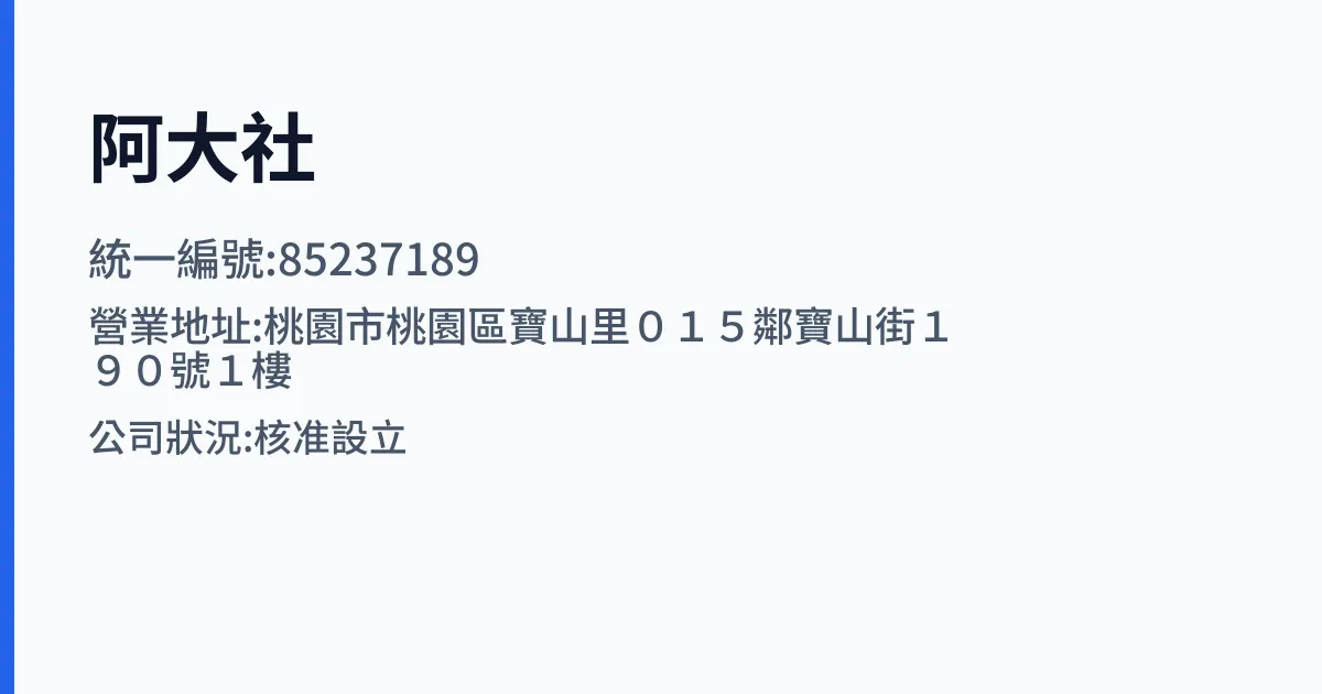 阿大社 - 統編 85237189(桃園市) 公司登記資料與營業項目詳細圖表