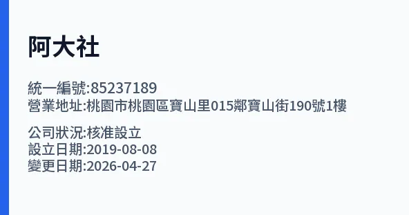阿大社的照片-統編 85237189(桃園市) 公司登記資料與營業項目詳細圖表