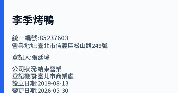 李季烤鴨的照片-統編 85237603(臺北市) 公司登記資料與營業項目詳細圖表