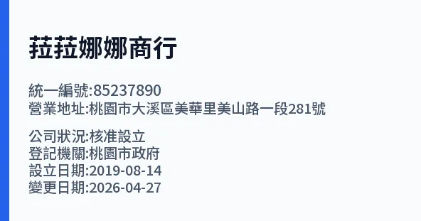 菈菈娜娜商行的照片-統編 85237890(桃園市) 公司登記資料與營業項目詳細圖表